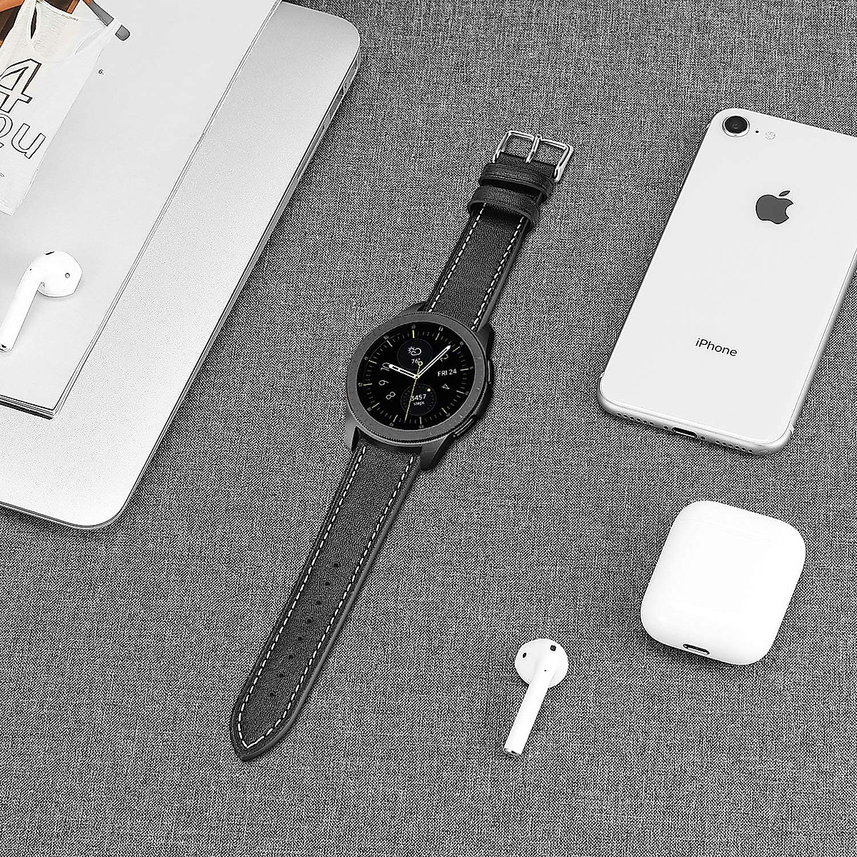 Fintie 20mm Leather Bands Compatible with Samsung Galaxy Watch FE, 7/6/5/4 40mm 44mm / 6 Classic 47mm 43mm / 5 Pro 45mm, Black