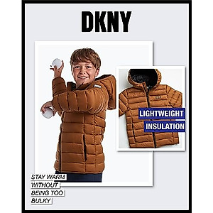 DKNY Boys Jacket – Midweight Insulated Quilted Outerwear Parka Puffer Coat – Water Resistant Boys Winter Hooded Jacket (8-20), Size 14-16, Timber