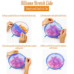 Silicone Stretch Lids Upgraded 6 Pack Various Sizes Rubber Stretchy Miracle Lid Reusable Elastic Bowl Cover for Food Storage Leftover Savers Fit Container Dish Cup (6, Blue)