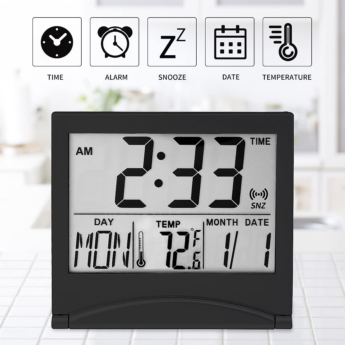 KANBIT Small Digital Travel Alarm Clock Battery Operated, Portable Large Number Display Alarm Clock with Date & Temperature,12/24 H Small Desk Clock-Black(No Light)