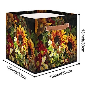 AUUXVA Storage Cube Bin Sunflower Floral Art Painting Large Storage Cube Basket 13×13In, Collapsible Storage Bin With Handles, Fabric Storage Box For Closet Shelves Nursery Toys Home Organization