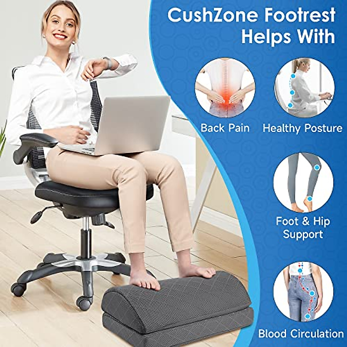 CushZone Foot Rest for Under Desk at Work Adjustable Foam for Office, Work, Gaming, Computer, Gift, Home Office Accessories Back & Hip Pain Relief (Grey)
