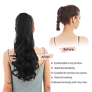 HEWEICSY Ponytail Extension,Hair Extension Ponytail 22" Long Claw Hair Extension Synthetic Curly Wavy Hairpieces Ponytail Clip in Ponytail Wig Daily Fluffy Pony Tail for Women,Black