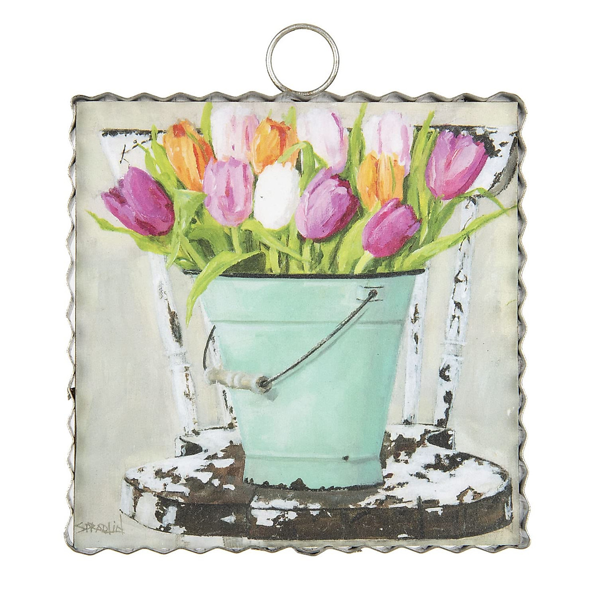 The Round Top Collection - Mini Gallery Bucket of Tulips, 6" x 1" x 7" Spring Themed Décor, Metal & Wood