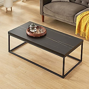 CENSI Black Marble Coffee Table for Living Room, 47 Inch Modern Industrial Rectangular Wood and Metal Center Coffee Table