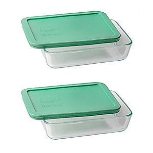World Kitchen Pyrex 3-cup Rectangle Glass Food Storage Set Container (Pack of 2 Containers), Green Lid (SYNCHKG128976)