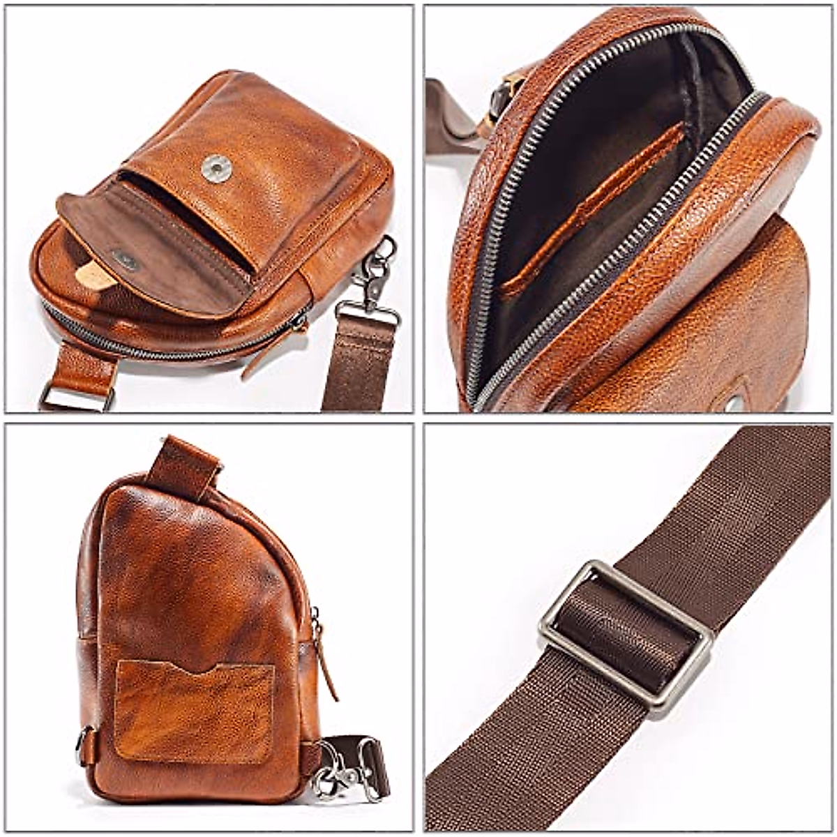 GZRHKJ Crossbody Bags for Women Men, Genuine Leather Small Sling Bag for Women Men，Handmade Chest Bag Shoulder Backpack——Brown