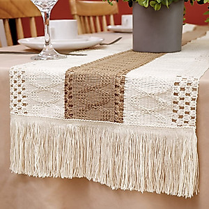 OurWarm Boho Table Runner 72 inch Macrame Table Runners for Home Decor, Cream & Brown Farmhouse Table Runner with Tassels for Bohemian Wedding Dining Bedroom Decor Rustic Bridal Shower (12x72 Inches)