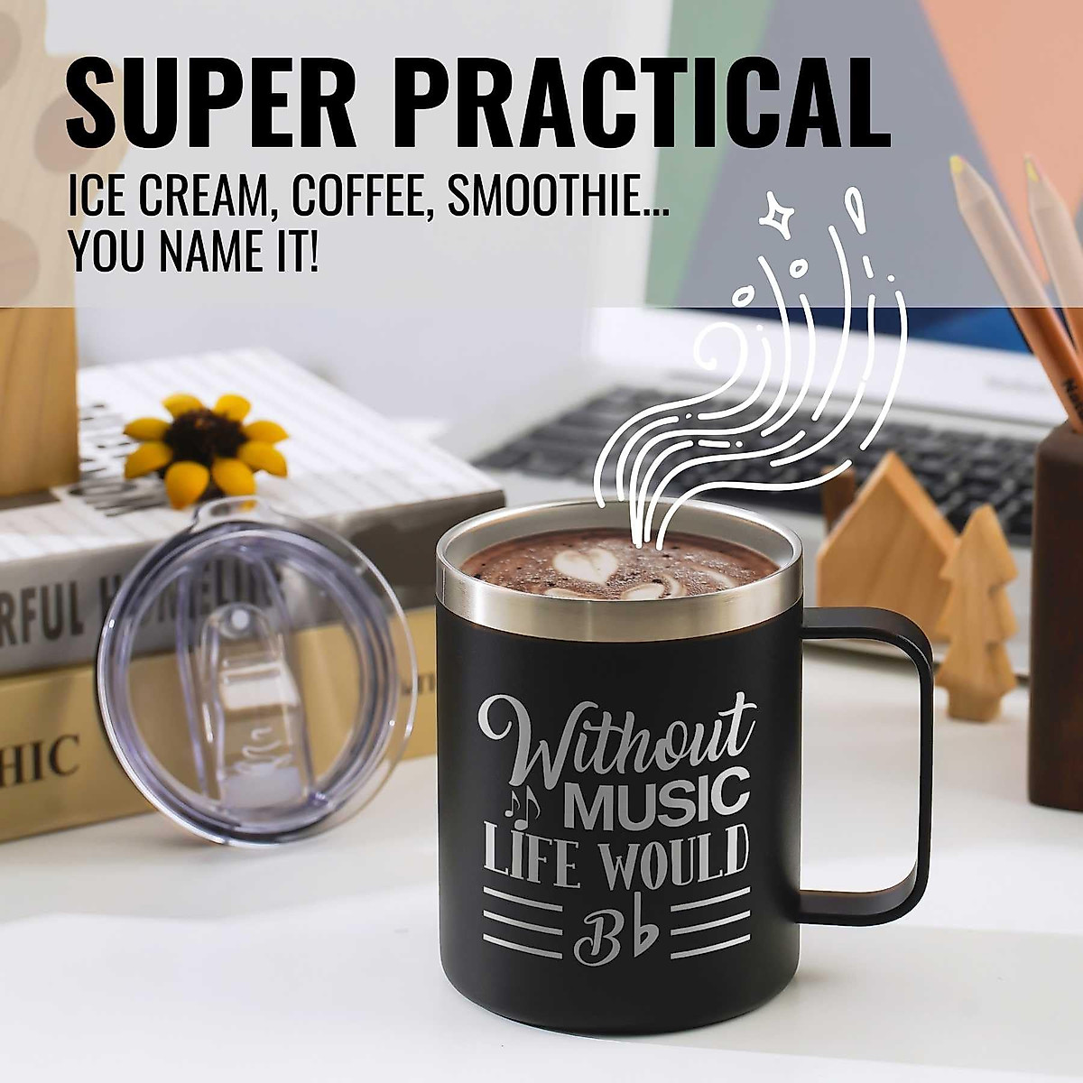 Onebttl Music Lover Gifts For Men, Male, Him - Without Music Life Would B Flat - 12 oz /350 ml Insulated Mugs with Lid - Musician Gifts, Musical Lovers Gift - (Black)