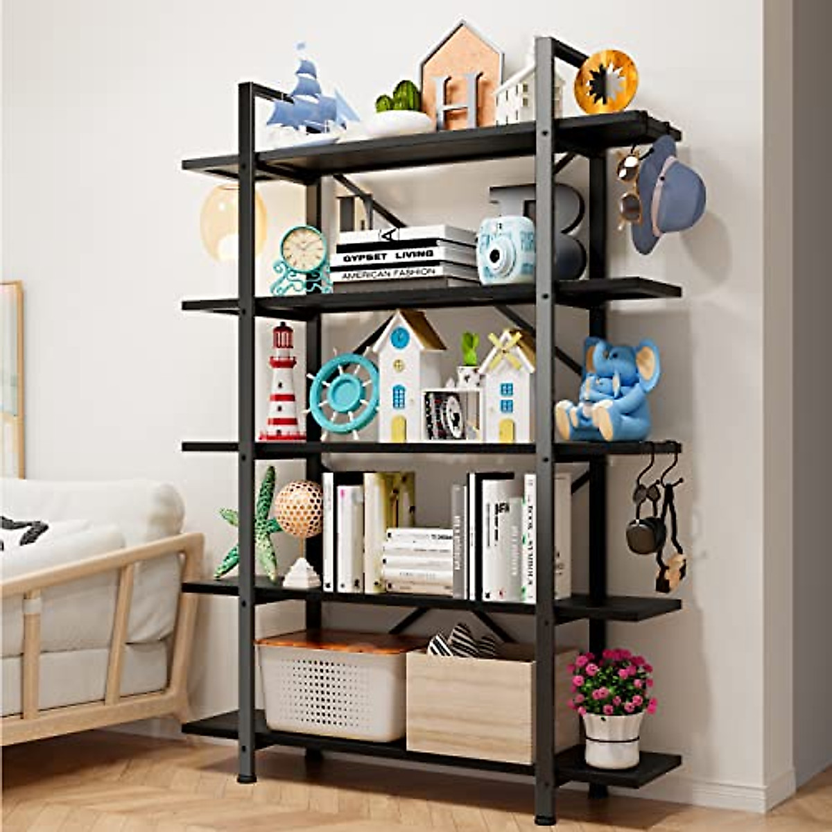 Gizoon 5 Tier Bookshelves for Storage, Industrial Tall Wood Bookshelf with 4 Hooks, Metal Frame Display Shelves for Bedroom, Living Room, Kitchen, Black
