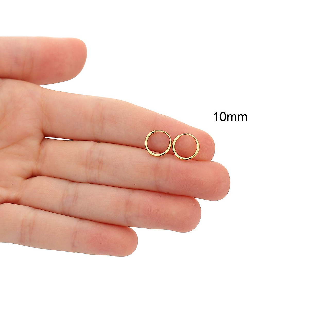 14k Gold Thin Continuous Endless Hoop Earrings, Two Pair Set Popular Small Sizes 10mm and 12mm Hoops (Yellow Gold)