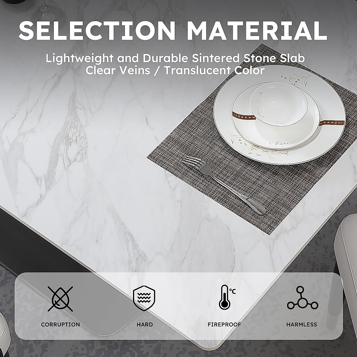 Montary 71” Artificial Marble Dining Table for 6-8 Seat, Modern Rectangle Dining Room Table with Gold Shaped Circle Stainless Steel Base, Sintered Stone Dining Table (Only Table)