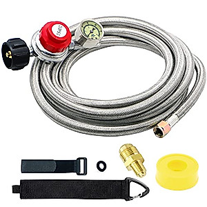 NQN Upgraded 12 FT 0-30 PSI High Pressure Adjustable Propane Regulator with Gauge 0~60PSI Gas Flow Indicator, QCC1 x 3/8" Female Flare Fitting with 3/8 Flare x 1/8 MNPT, Stainless Braided Propane Hose