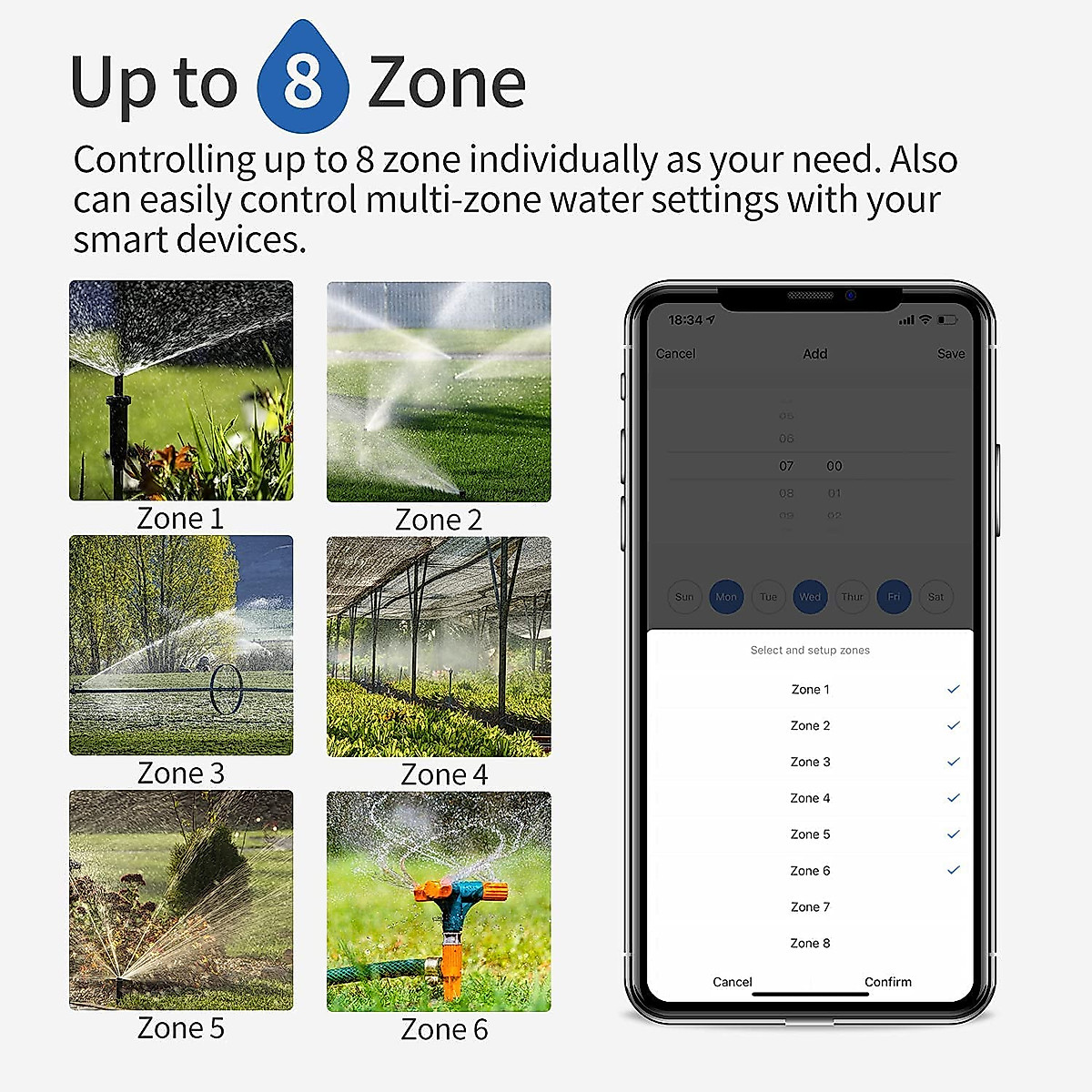 US:E Smart Sprinkler Controller, 8 Zone Watering Timer & Weather Intelligent Irrigation System, Compatible with Alexa and Google Assistant, App Remote & Voice Control, Rain Freeze and Snow Skip