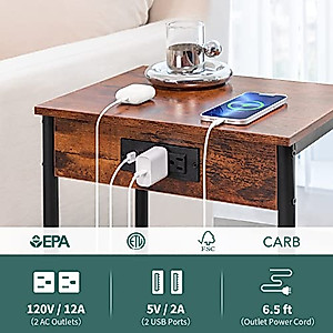 Yoobure Side Table with Charging Station, End Tables Living Room Set of 2, Industrial 2 Tier Nightstand with USB Ports, Rustic Narrow Bedside Table with Storage Shelf for Bedroom, Office, Small Spaces