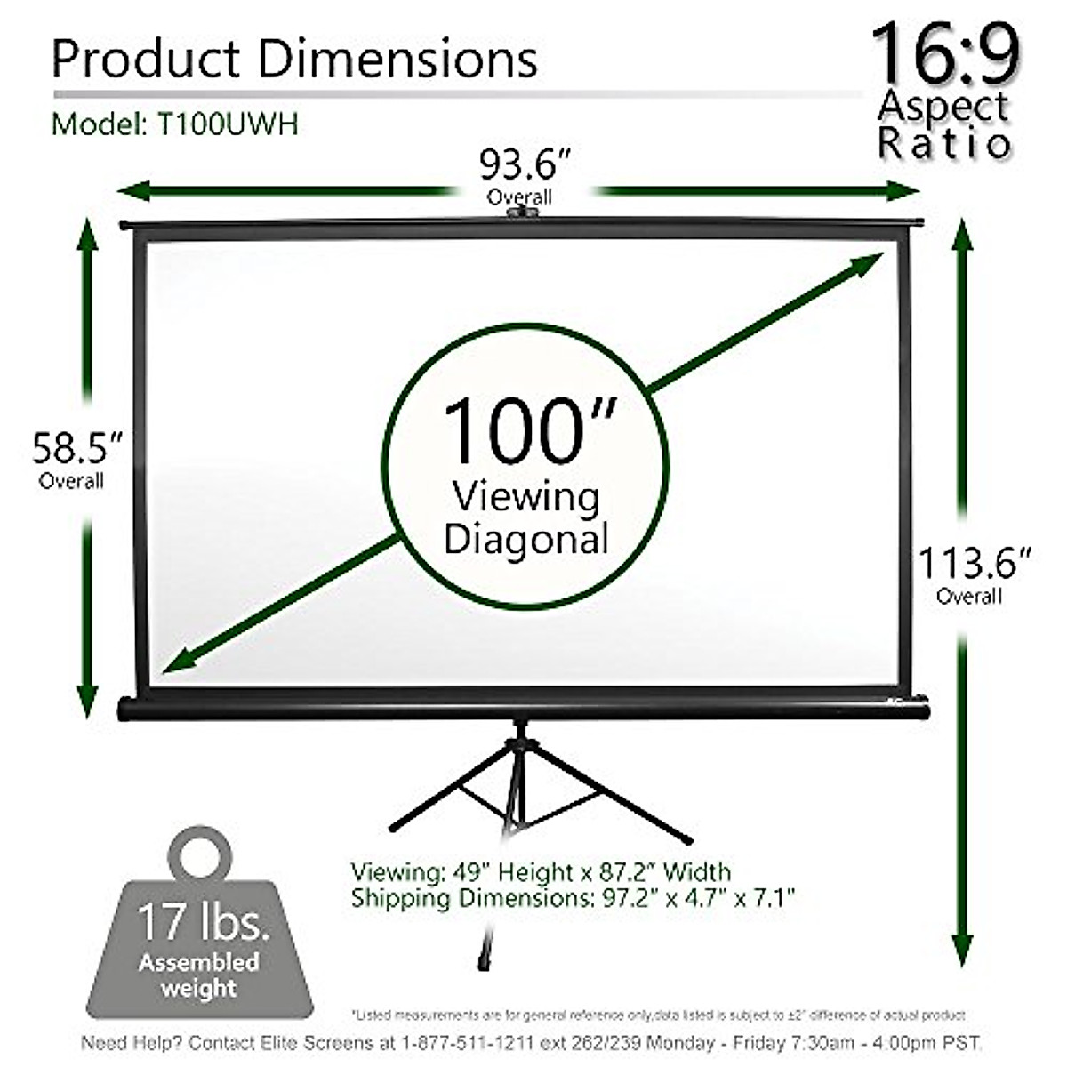 Elite Screens Tripod Series, 100-INCH 16:9, Portable Pull Up Home Movie/Theater/Office Projector Screen, 8K/ULTRA HD, 2-YEAR WARRANTY, T100UWH, Black