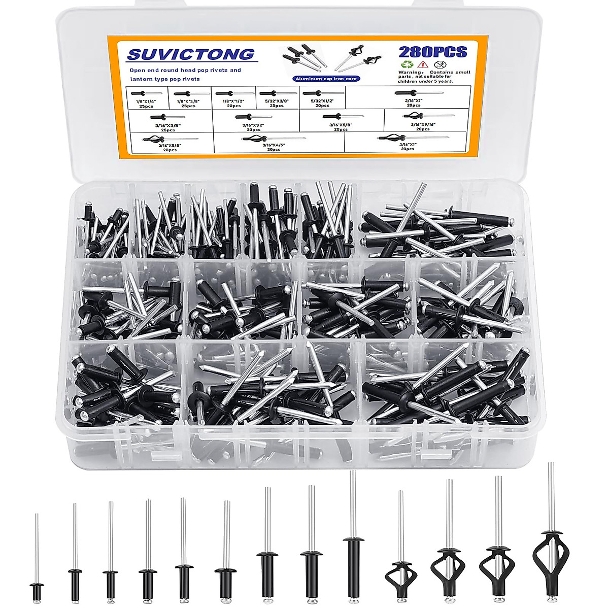 280pcs Black Pop Rivets Assortment Kit, SUVICTONG Aluminum Blind Rivets, (1/8" 5/32" 3/16") 13 Sizes Tri-fold Exploding Pop Rivet with Reinforced Label Case for Kayak Marine Boat