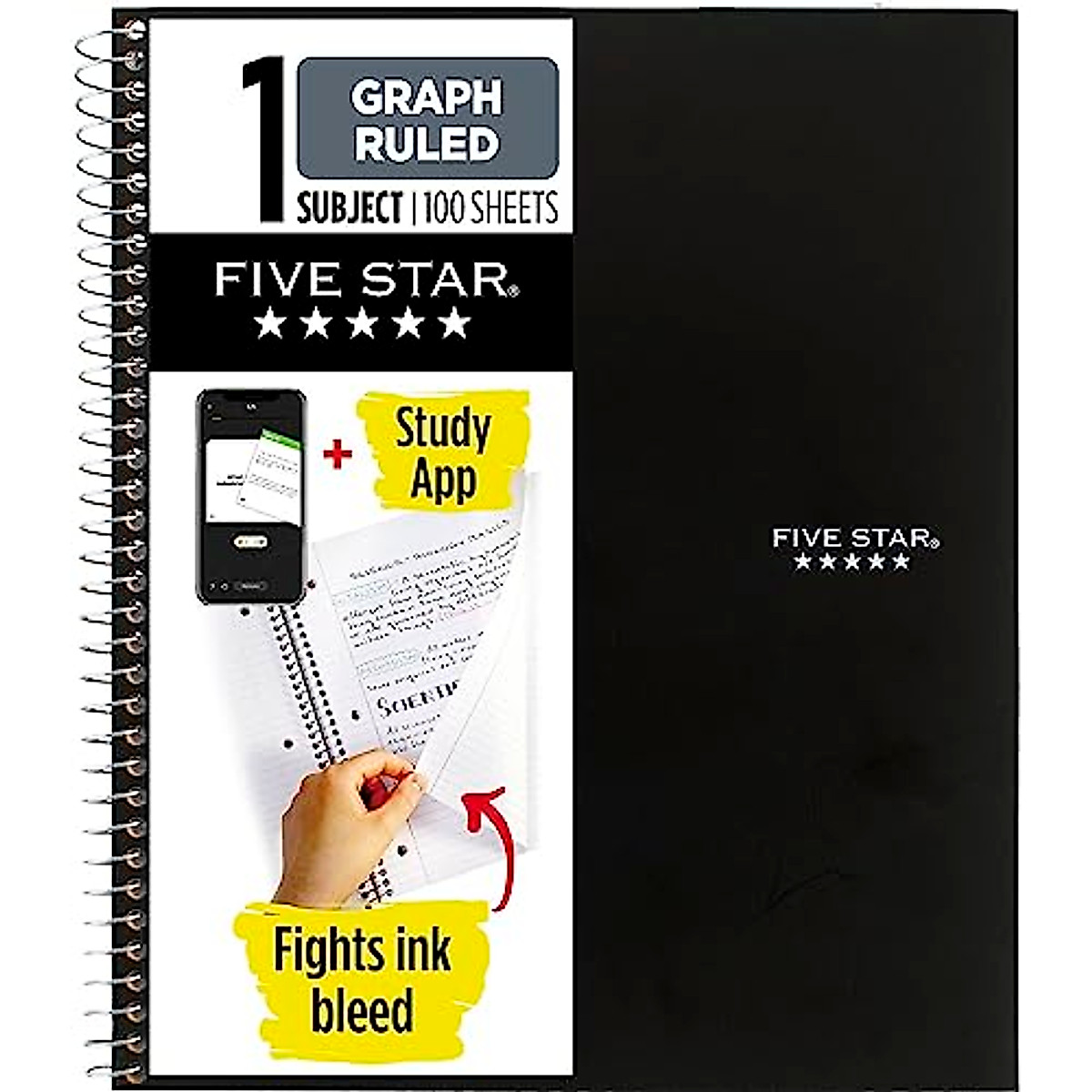 Five Star Spiral Notebook, 1-Subject, Graph Ruled Paper, Fights Ink Bleed, Water Resistant Cover, 8-1/2" x 11", 100 Sheets, Black (73679)