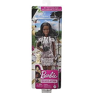 Barbie Photographer Petite Fashion Doll with Brunette Hair, Heart-Print Dress, 1 Puppy Figure & Camera Accessories
