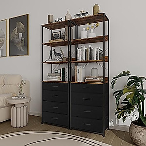 VASICAR 4-Tier Tall Bookshelf with 4 Drawers, Multifunctional Open Bookcase, Storage Shelf Dresser for Living Room, Office, Bedroom, Kitchen, Free Drawer Divider (Black)