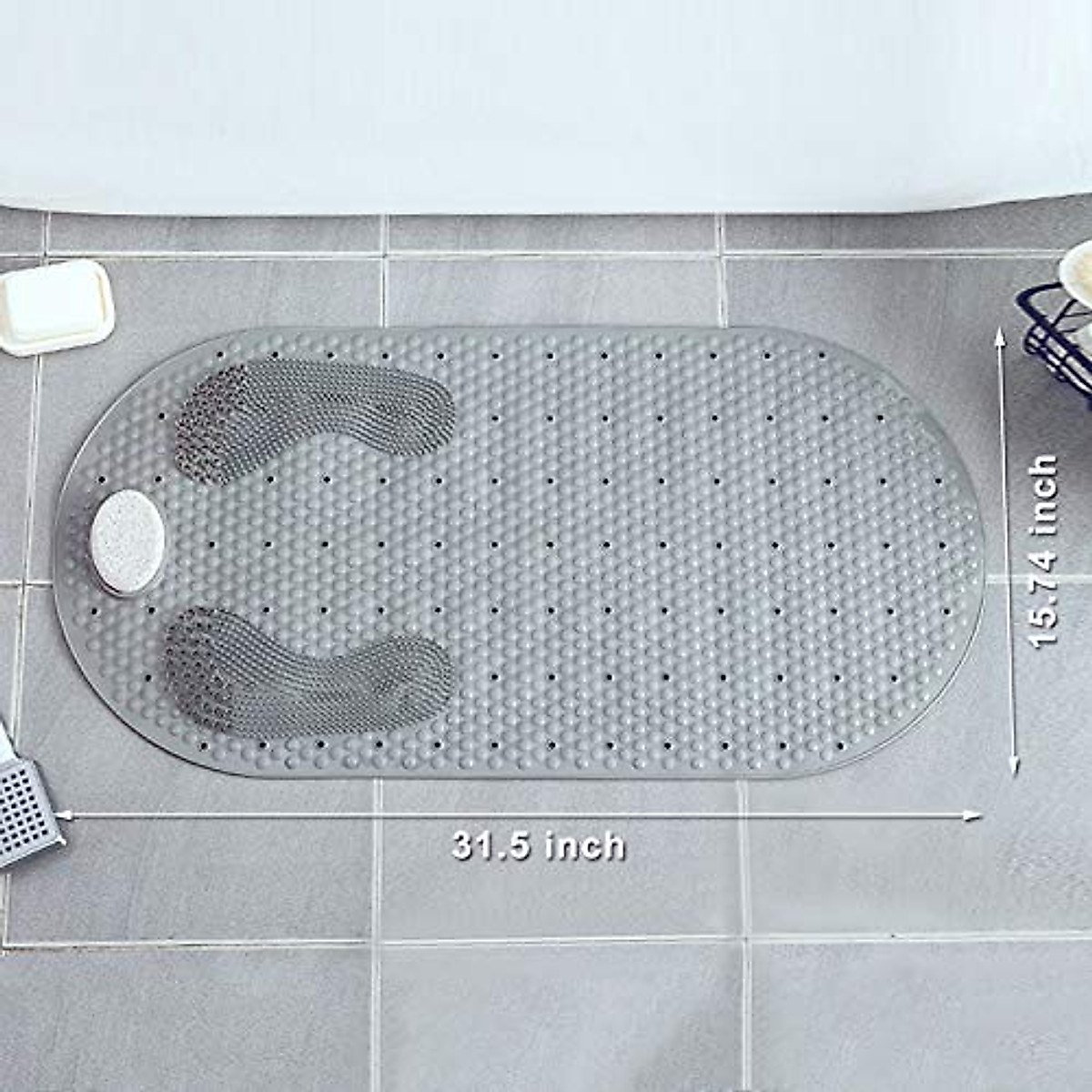 MOLFUJ 32"X16" Foot Scrubber Shower Mat with Feet Scrub Stone, Oval Bathtub Mat with Antislip Suction Cups and Drain Holes, Non Slip with A Pumice Stone for Feet Massage - Grey