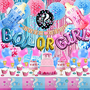124 Pcs Gender Reveal Decorations Kit, Gender Reveal Party Supplies with 36'' Gender Reveal Balloon Boy OR Girl Foil Balloon Paper Pompoms Tablecloth Photo Props for Gender Reveal Party Decorations