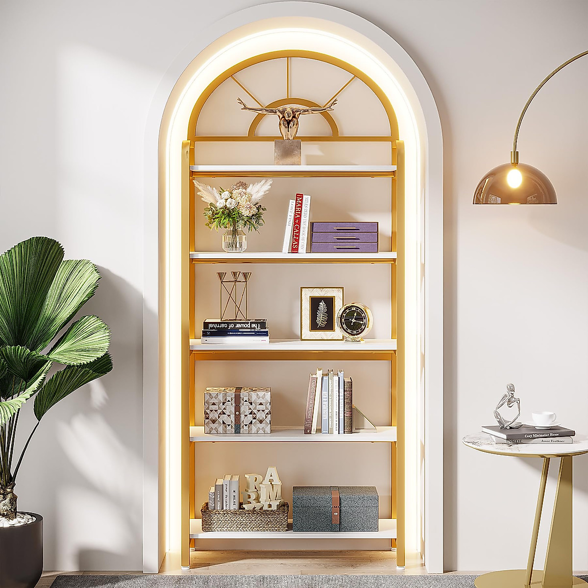 Tribesigns White and Gold Arched Bookshelf 5 Tier Bookcase, Gold Shelves for Living Room Freestanding Tall Display Shelf, Decorative Shelf for Bedroom