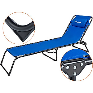 KingCamp Chaise Lounge Removable Pillow 3-Position Adjustable Chair Folding Patio Recliner for Camping Pool Beach Outdoor, Supports 300lbs, Blue, One Size