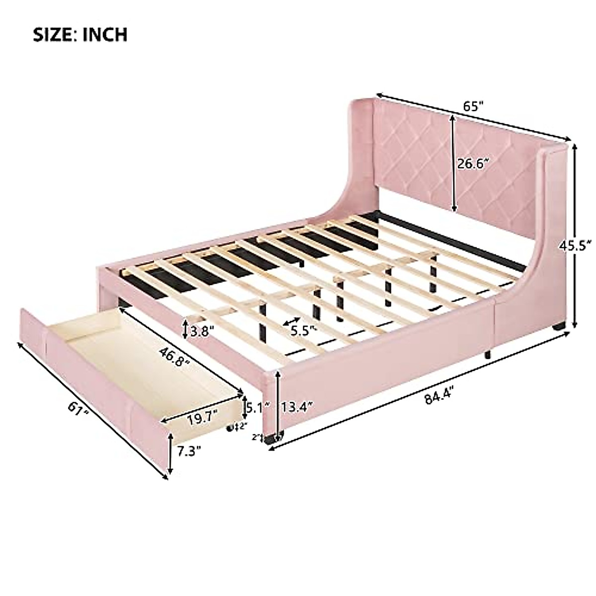EMKK Queen Bed Frame with Storage Drawers and Wingback Headboard, Upholstered Platform Bed with Velvet Design, Strong Wooden Slats Support, No Box Spring Needed