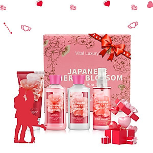 Vital Luxury Bath & Body Kit, 3 Fl Oz, Ideal Skincare Gift Home Spa Set, Includes Body Lotion, Shower Gel, Body Cream, and Fragrance Mist,Valentines Day Gifts for Her and Him (Japanese Cherry Blossoms)