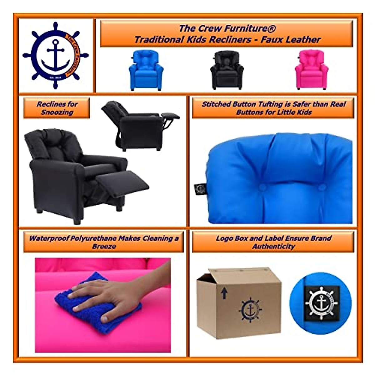 THE CREW FURNITURE Traditional Kids Recliner Chair, Toddler Ages 1-5 Years, Polyurethane Faux Leather, Black