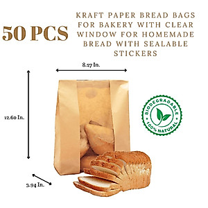 50 Large Paper Bread Bags Homemade Bread Sourdough Bread Bags Paper Biodegradable Pastry Bakery Bag with Window for Freshness and Safety - Baked Food Storage Label Seal Sticker