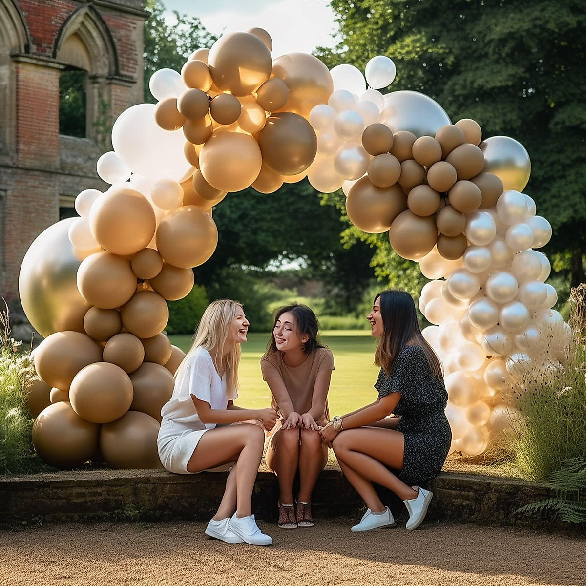 Tan Balloons Double Stuffed Balloon Arch with Coffee Brown Balloons Inside - Neutral Tan Brown Balloons Different Sizes 5In 12In 18In, 2 Layer Thick Boho Balloon Garland Arch Kit for Birthday Party