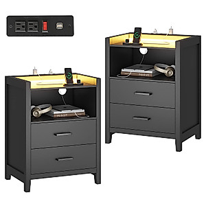 EPHEX LED Nightstands Set of 2, Black Night Stand with Charging Station and 2 Drawers, Wood End Side Table with USB Ports, Bedside Table for Bedroom