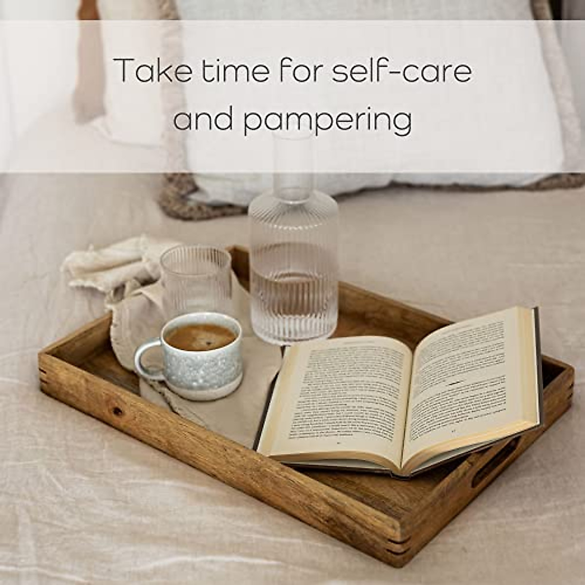 Otucha Large Ottoman Tray, 20 x 14 inches, Real Wood Large Serving Tray with Handles, Sturdy Design, Decorative Tray for Coffee Table (Natural)