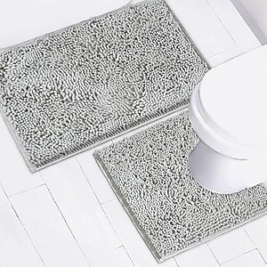 AINAHYVA Bathroom Rugs Chenille Bath mat 2 Piece Set, Super Absorbent, Strong PVC Non Slip Backing, Bath mats for Bathroom, Plush Shaggy, Thick, Machine Washable, Bathtub, Toilet (Light Grey)