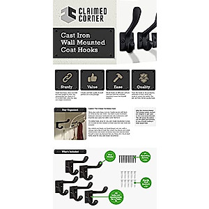 Claimed Corner Cast Iron Coat Hooks - Wall Mounted Rustic Farmhouse Matte Black Cast Iron DIY Coat Towel Hat Scarf Bags Hook 5-Pack