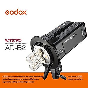 Godox AD-B2 Dual Power Twin Head Bowens Mount to Install 2 Godox AD200 or AD200 Pro Pocket Flash or Flashpoint eVOLV 200 TTL Modular Strobe Light Together to Achieve 400W Power Output