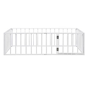 NCKMYB Kids Floor Bed Twin Size, Metal Montessori Bed with Rails and Door, Low Toddler Bed for Boy Girl, White