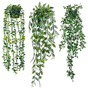 Sggvecsy Artificial Hanging Eucalyptus Plants 2 Pack Fake Potted Hanging Greenery Faux Potted Wall Plants for Home Indoor Outdoor Wall Garden Wedding Decor
