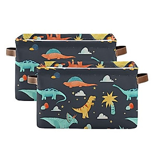 Watercolor Dinosaur Storage Basket Bins Decorative Toy Organizer Bins Laundry Hamper Baskets with Handles for Playroom Living Bed Room Office Clothes Nursery,2 pcs