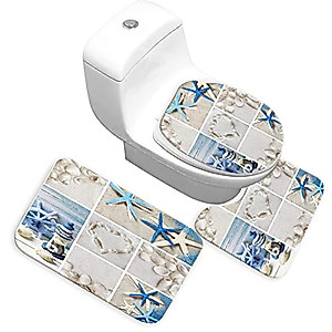 zokyer Starfish Shower Curtain Set Seashell Beach Coastal Conch Ocean Blue Bathroom Decor with Non-Slip Rugs Toilet Lid Cover U Shape Mat 12 Hooks Fabric Polyester (60Wx72L)