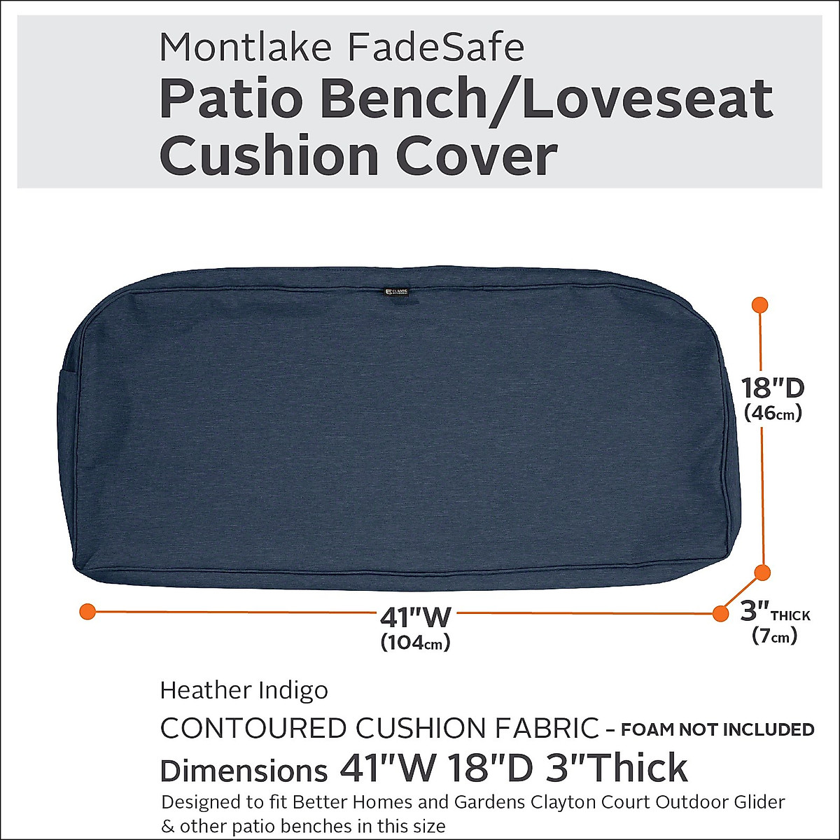 Classic Accessories Montlake Water-Resistant 41 x 18 x 3 Inch Outdoor Bench/Settee Cushion Slip Cover, Patio Furniture Swing Cushion Cover, Heather Indigo Blue, Patio Furniture Cushion Covers