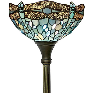 WERFACTORY Tiffany Floor Lamp Sea Blue Stained Glass Dragonfly Light 12X12X66 Inches Pole Torchiere Standing Corner Torch Uplight Decor Bedroom Living Room Home Office S147 Series
