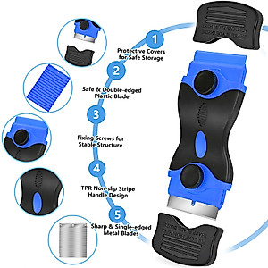 Razor Blade Scraper, 3 Pack Shrink Scraper Tool with 50 Plastic and 30 Metal Razor Blades, Cleaning Scraper, for Removing Label, Registration Sticker, Tint, Grease from Windshield, Appliance, Glass