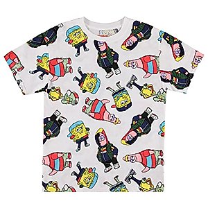Mens Spongebob Squarepants Classic Shirt - Spongebob, Patrick, Squidward & Krusty Krab Allover Print T-Shirt (White, X-Large)