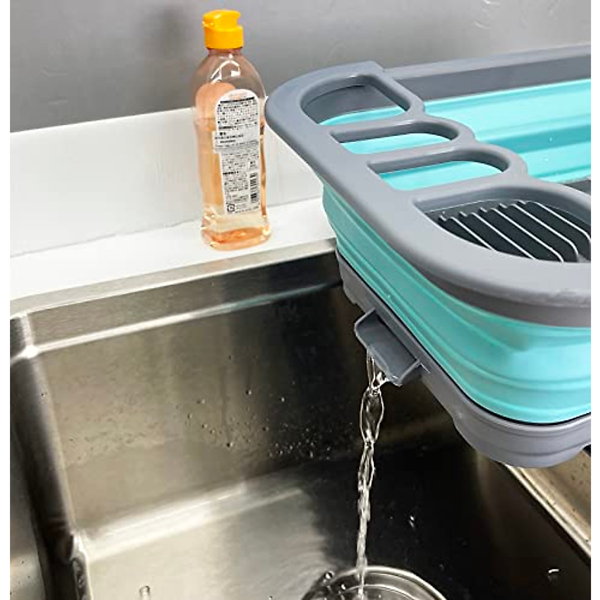 SAMMART 7.3L (1.9 Gallon) Collapsible Dish Drainer with Drainer Board - Foldable Drying Rack Set - Portable Dinnerware Organizer - Space Saving Kitchen Storage Tray (Grey/Crystal Blue)