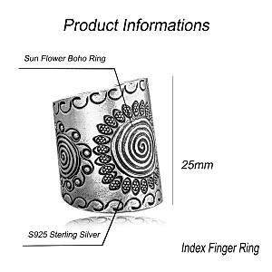 S925 Sterling Silver Retro Vintage Antique Boho Full Finger Wide Bands Ring for Women,Open Adjust Adjustable National Style Sun Flower Floral Pattern Engraved Thumb Index Finger Ring Boho Jewelry (Ring_A, Adjustable)