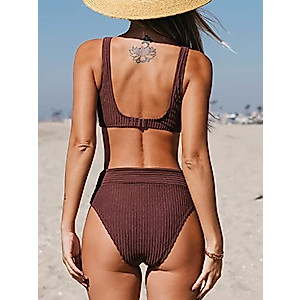 CUPSHE Bikini Set for Women Two Piece Swimsuits High Waisted Ribbed V-Wire Bralette Wide Straps Back Hook Cheeky Bottom Red Brown, S