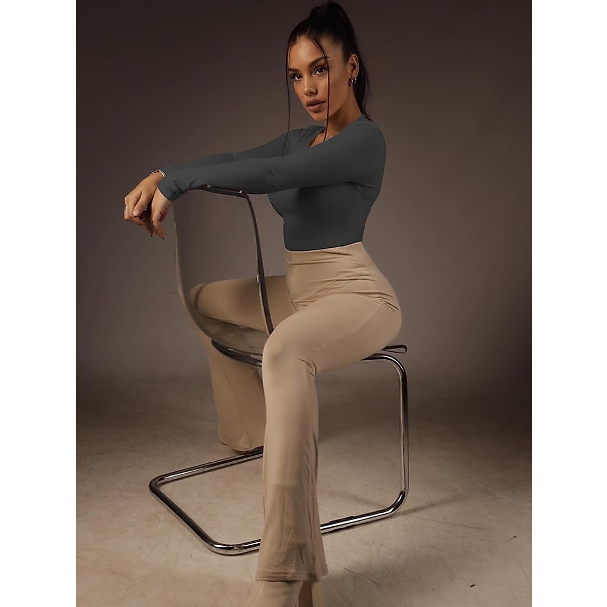 HYZ Women's 2 Piece Fall Long Sleeve Crew Neck Fitted Basic Workout Tunic Tops (US, Alpha, Large, Regular, Regular, Black Drakgray)